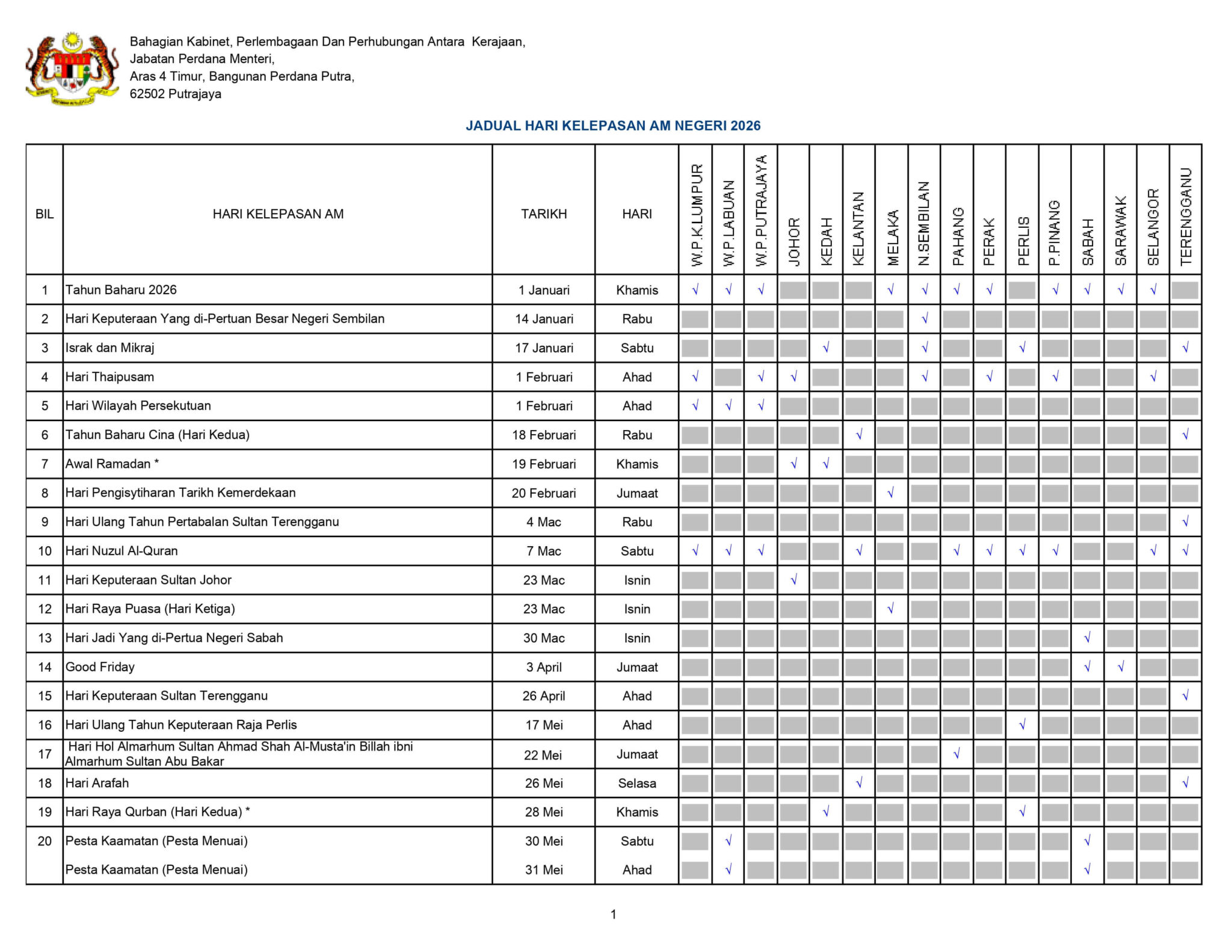 Cuti Umum Sabah 2026 - CutiSekolah.com.my